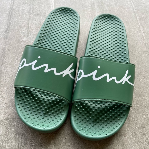 PINK Victoria's Secret | Shoes | New Vs Pink Script Logo Slides | Poshmark